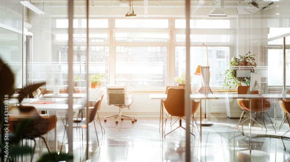 Background image of glass walled office with modern furniture and ...