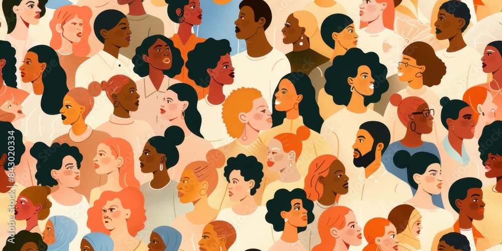 many diverse faces, all female and male in color with various skin ...