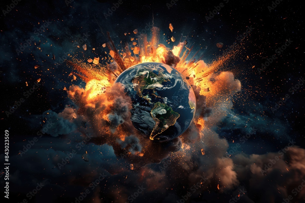 Planet Earth exploding from nuclear blast. Explosion of atomic bomb ...