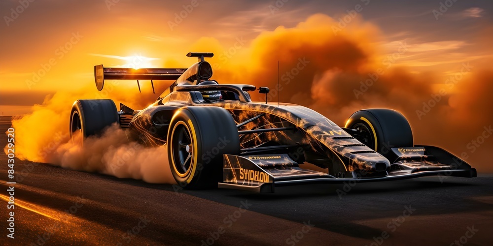 Vintage openwheel race car with large slick tires performs burnout at a ...