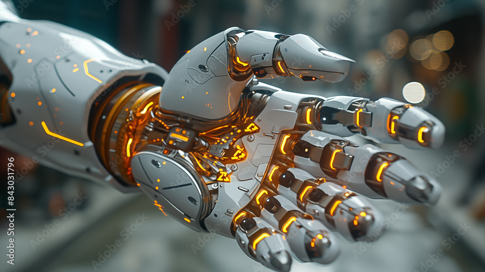 Robotic arm with glowing joints flexing and stretching in futuristic ...