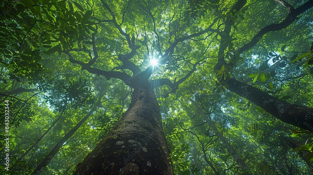 A panoramic view of the canopy from below, showcasing tall trees with ...