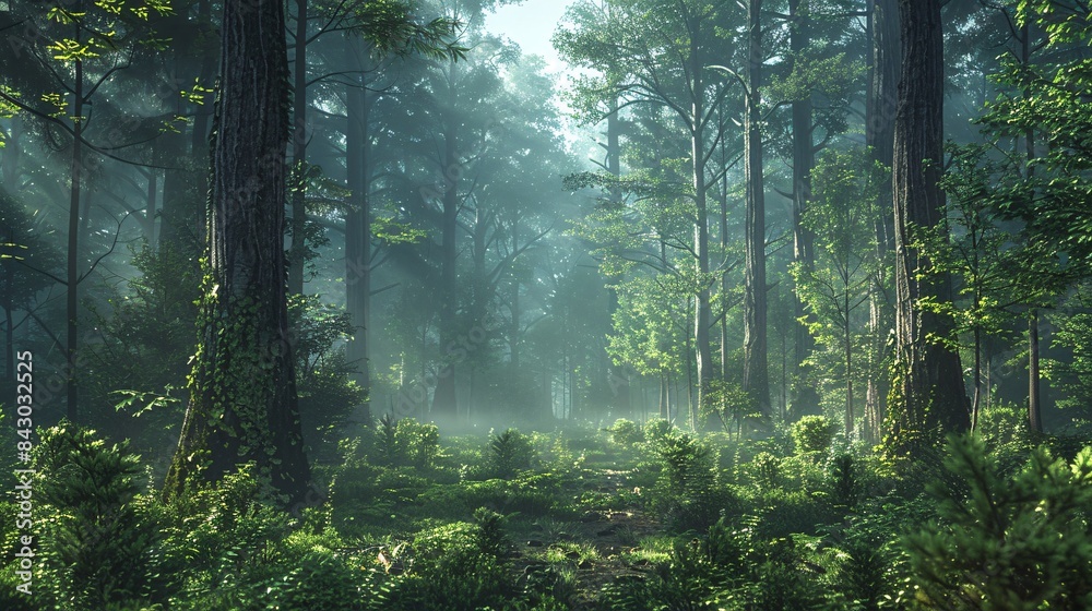 A dense forest with tall trees, morning mist in the air, and lush green ...