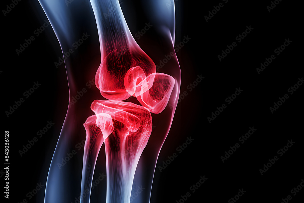 An X-ray image of a human knee joint, highlighting the area of pain or ...