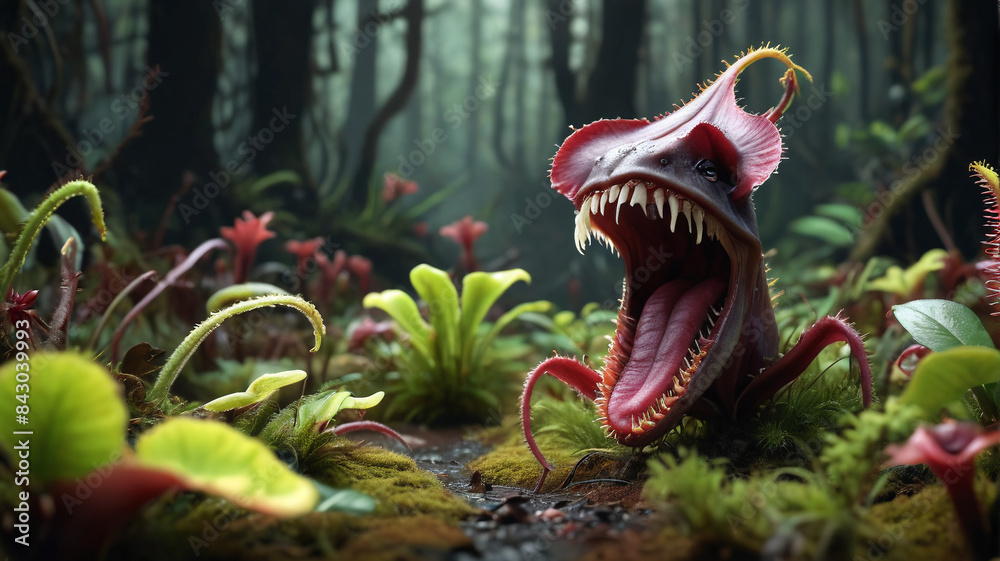 In the shadowy forest, the carnivorous plants snap and snarl, their ...