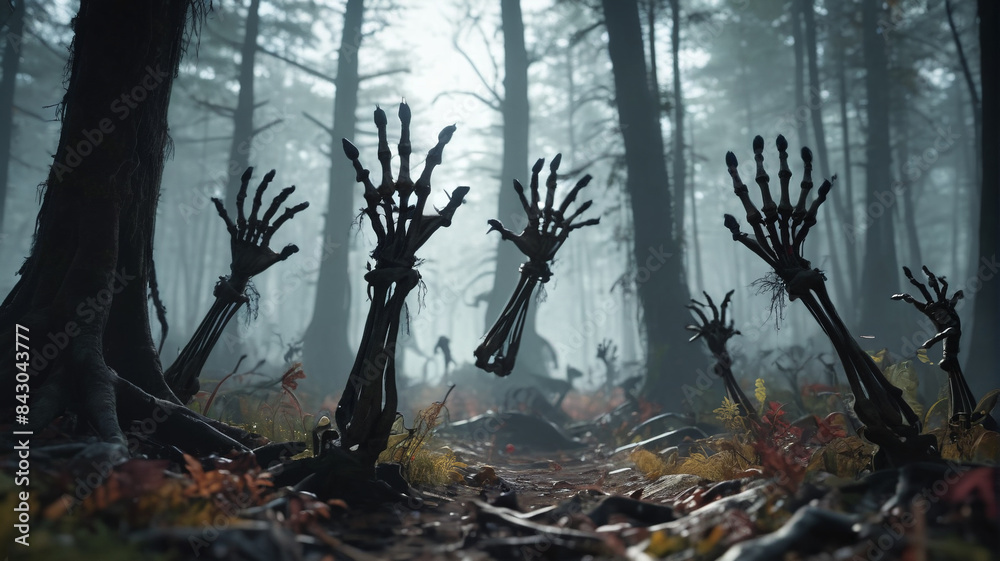 In the haunted forest, the groaning zombies emerge from the shadows ...