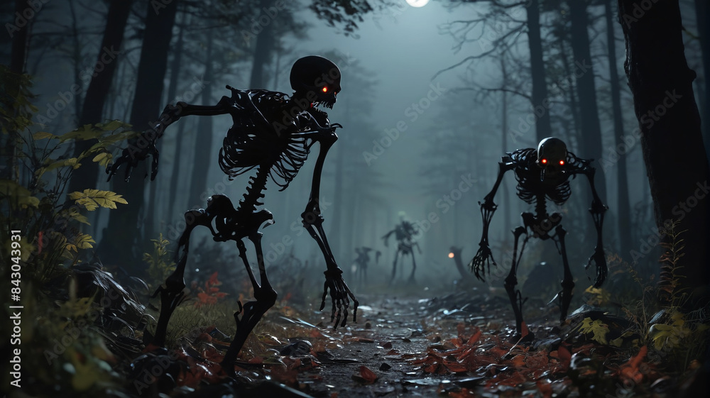 In the haunted forest, the groaning zombies emerge from the shadows ...