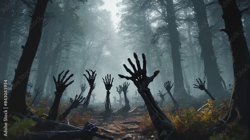 In the haunted forest, the groaning zombies emerge from the shadows ...