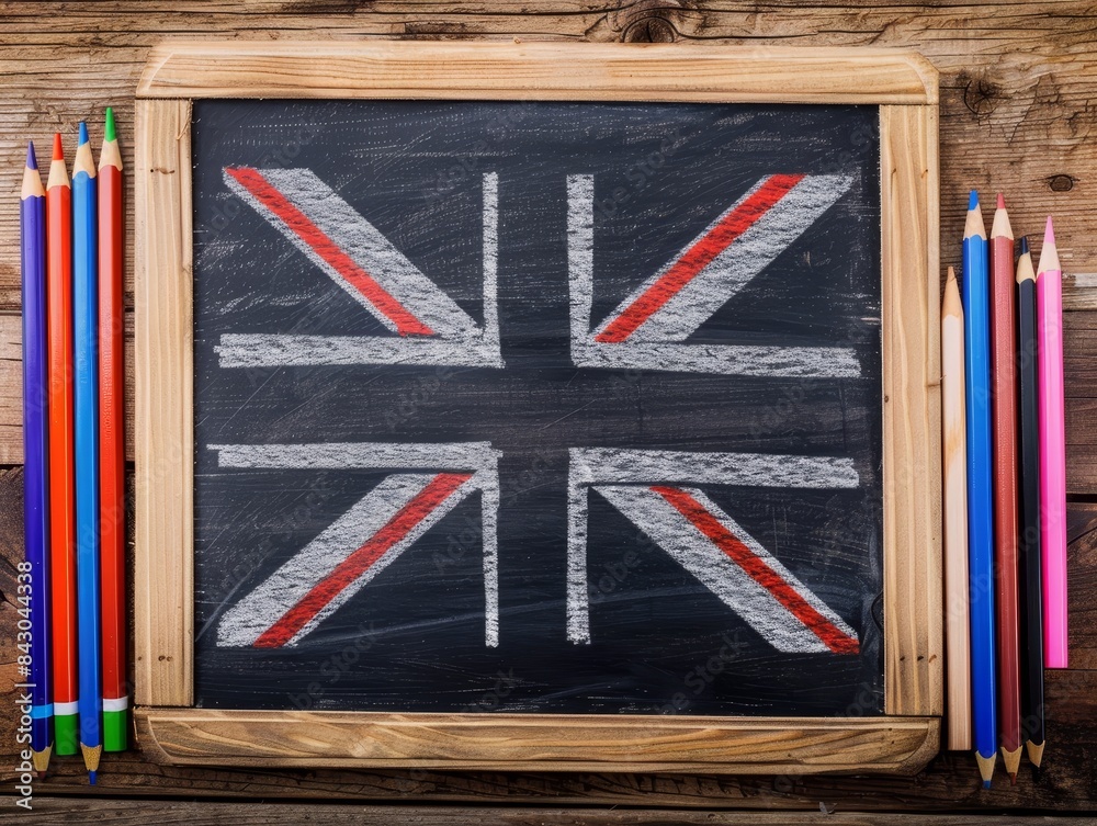 Vintage chalkboard with "Do You Speak English?" query, British flag ...