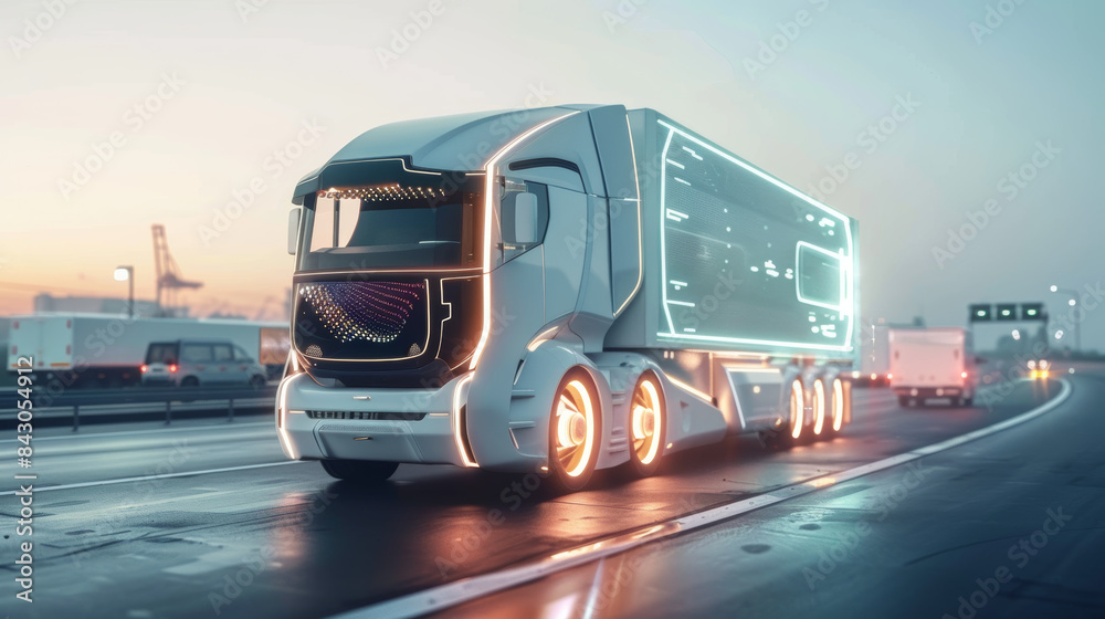Futuristic Technology Concept: Big White Semi-Truck with Cargo Trailer ...