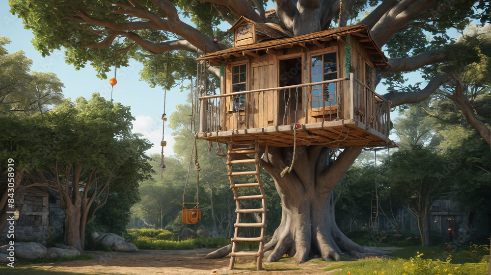 Suspended high above the ground, the treehouse boasts a charming rustic ...