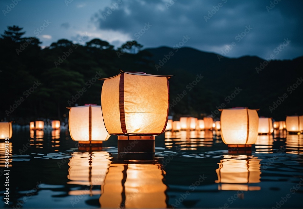 Hundreds of paper lanterns float on the river. Toro nagashi. Japanese ...