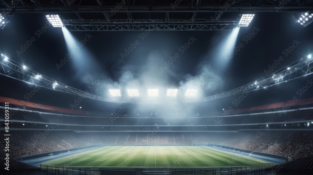 Football stadium with smoke effect. Close up of maintained lawn at ...