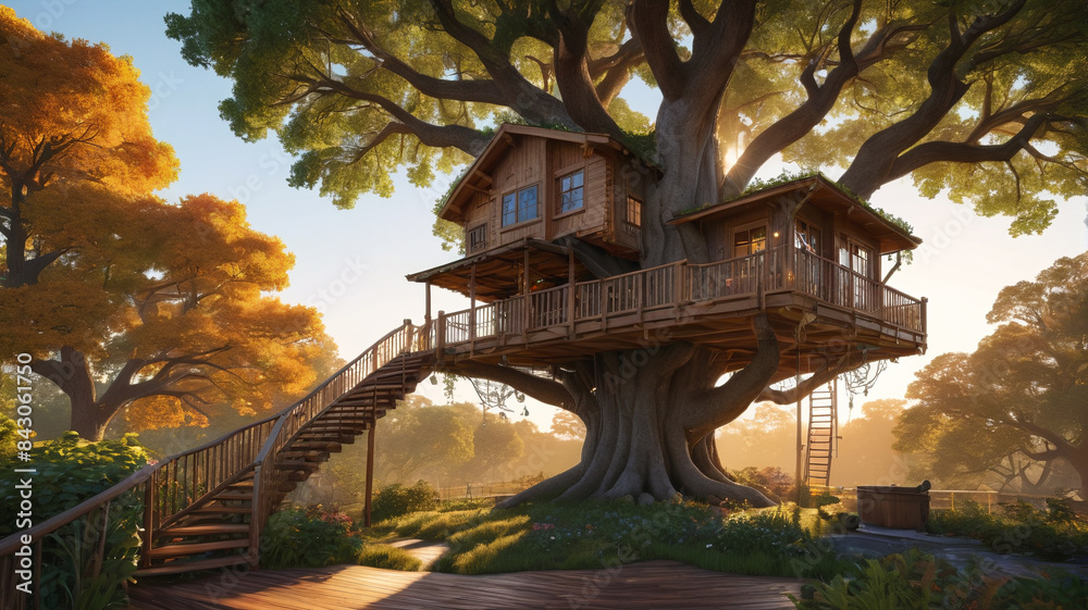 Built around a towering oak, the treehouse features a sprawling deck ...