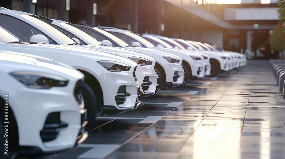 Sleek white cars perfectly aligned in a modern parking lot, reflecting ...