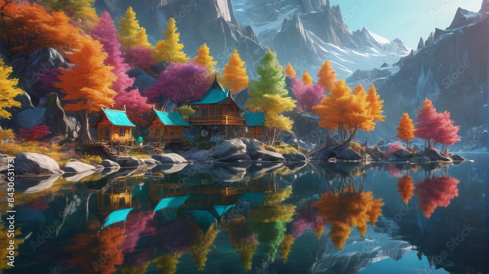 Perched on the edge of a crystal-clear lake, the elf village reflects a ...
