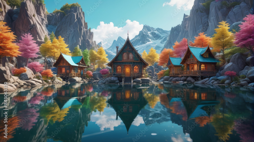 Perched on the edge of a crystal-clear lake, the elf village reflects a ...