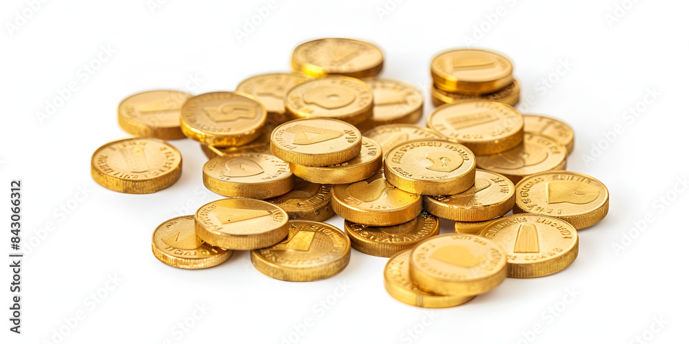 collection of golden rectangular bars,Gold coins on white background: a ...