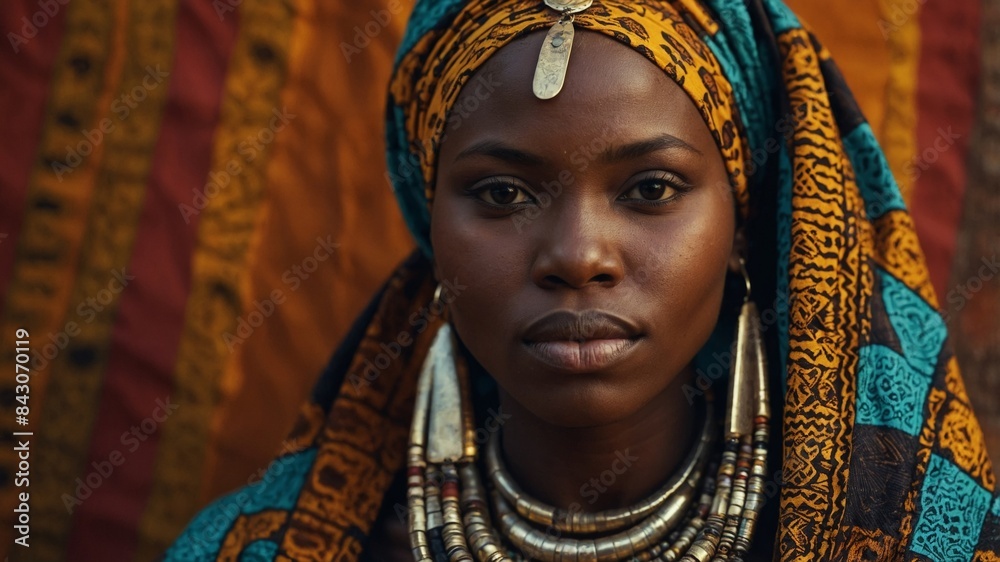 African woman, fabric background with African colors and patterns ...