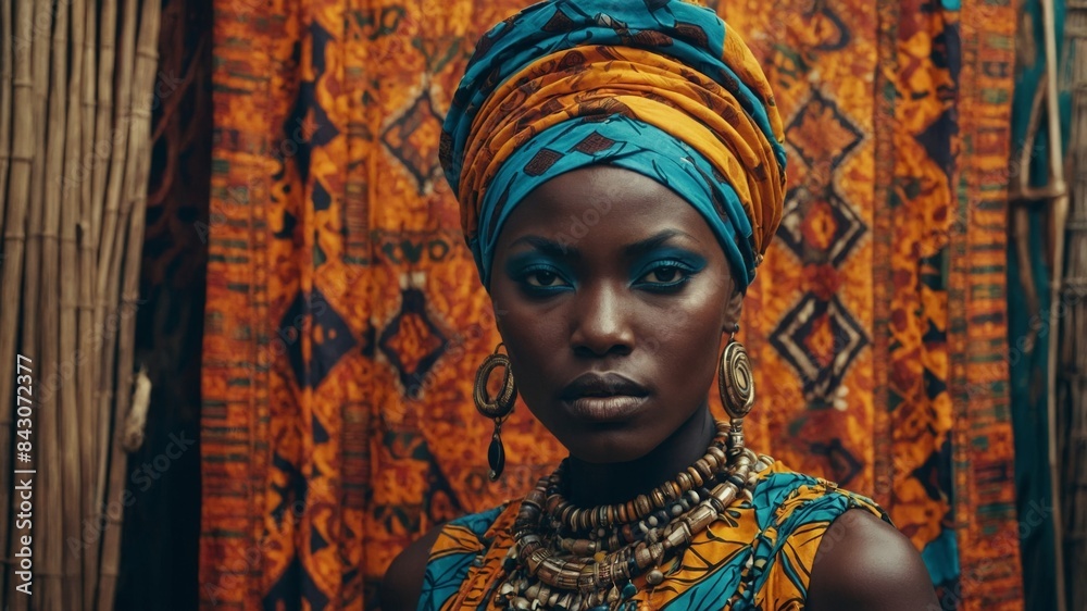 African woman, fabric background with African colors and patterns ...