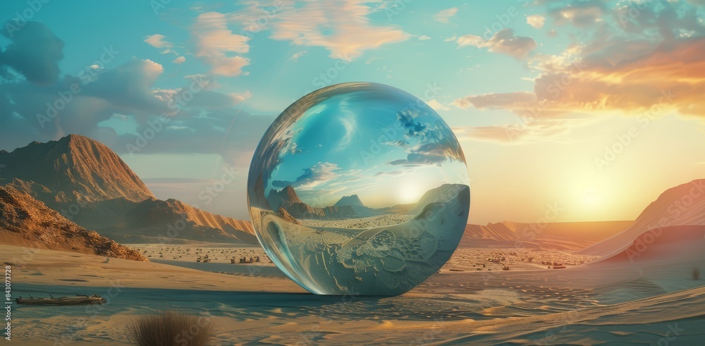 Mysterious desert setting with a mirror plane reflecting surreal ...