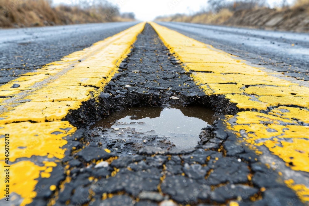 Badly damaged asphalt road with frequent potholes - traffic hazards ...