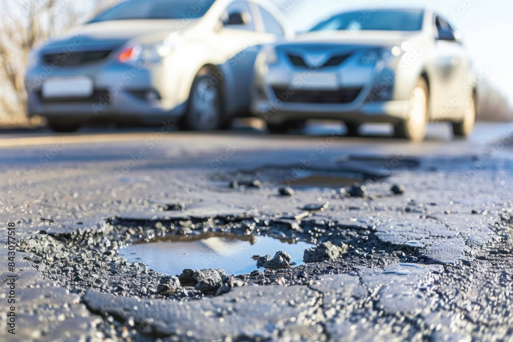 Badly damaged asphalt road with frequent potholes - traffic hazards ...