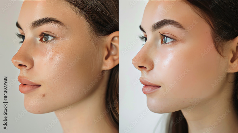 Before-and-after photos of a woman's nose after plastic surgery show a ...