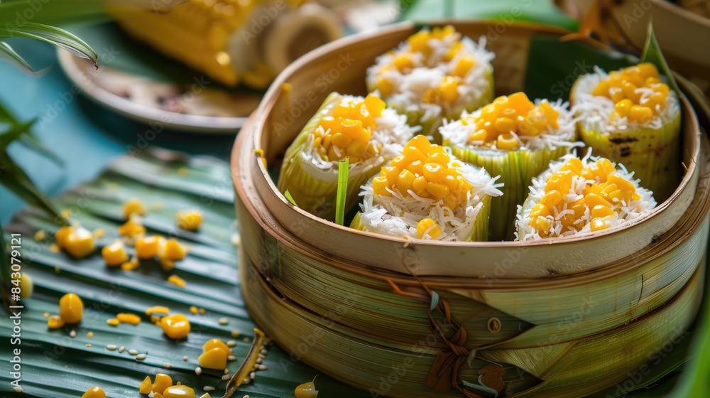 Steamed Sweet Corn Coconut Layer Cake a Traditional Southeast Asian ...