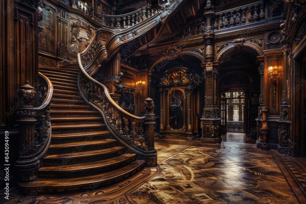 Old Mansion. Ornate Grand Wooden Staircase in the Magnificent Hall of a ...