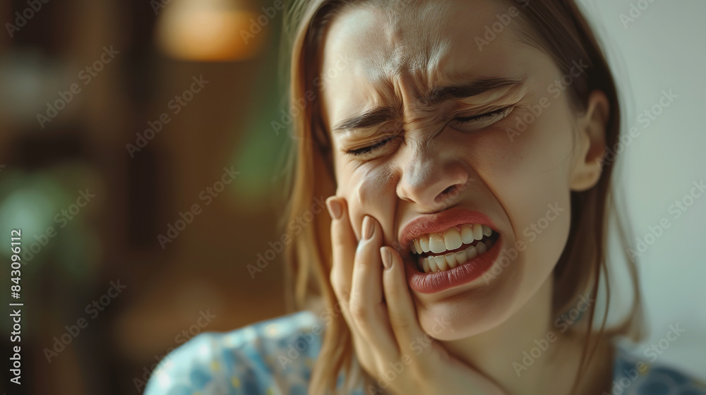 A woman grimaces in discomfort, indicating toothache, likely stemming ...