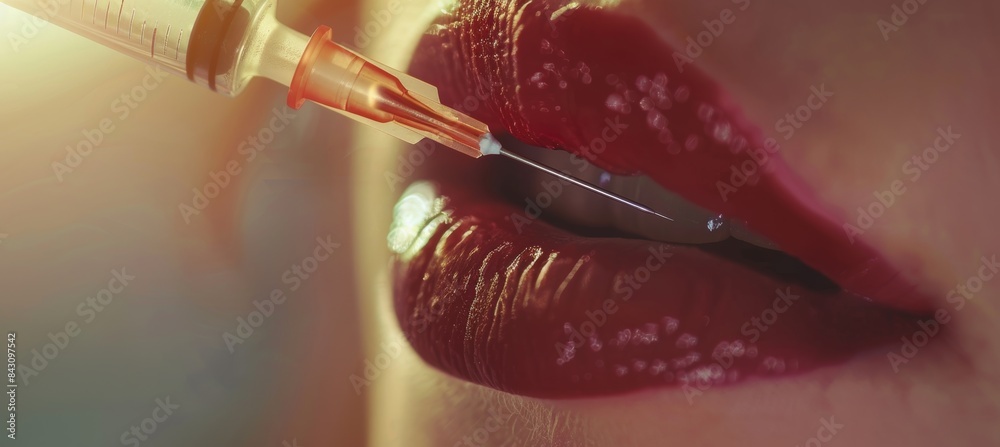 High-Detail Close-Up of Lip Filler Injection with Needle and Glossy ...