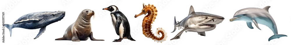 Set of 6 wild marine wildlife animal family, whale, sea lion, seal ...
