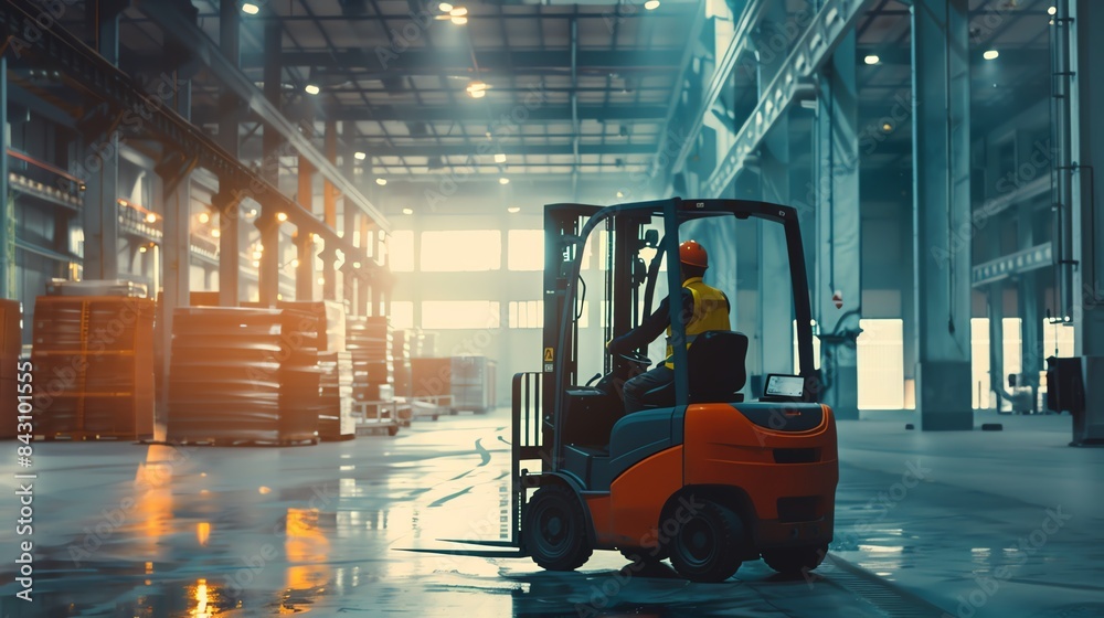 Worker operating a forklift in a spacious industrial warehouse ...