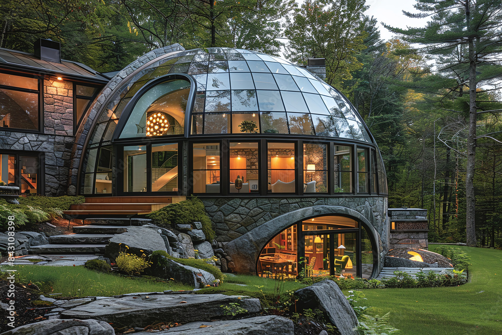 ecological house built with stones, wood and glass, geodesic dome ...