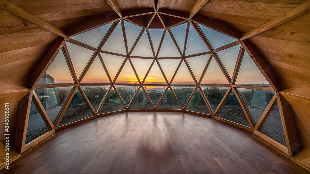 interior photography of a wooden geodesic dome construction, low-impact ...