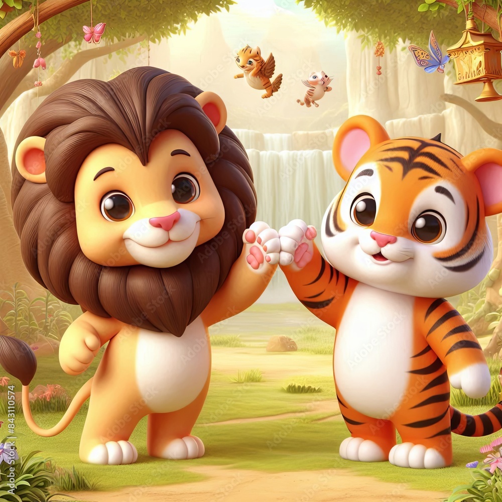 cute lion and tiger high five cartoon 3d Generative AI Stock ...