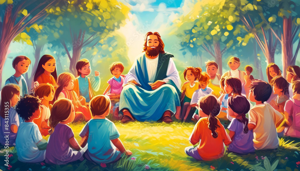 Jesus Christ speaking, telling a story to a group of children sitting ...