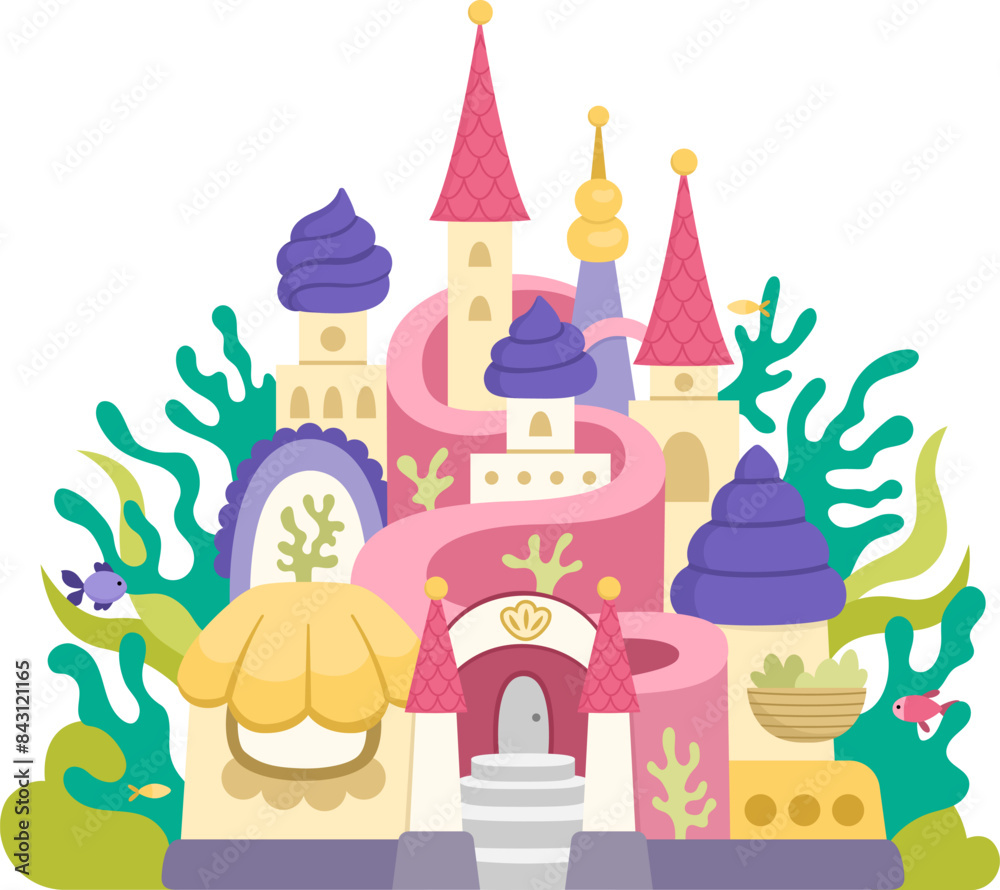 Vector mermaid castle with seaweeds, shells, fish. Fantasy underwater ...