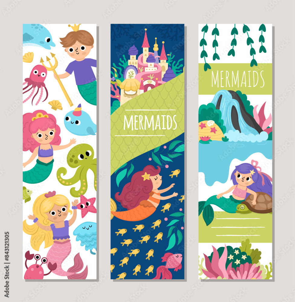 Cute mermaid bookmarks set with princess, fish, castle, animals, prince ...