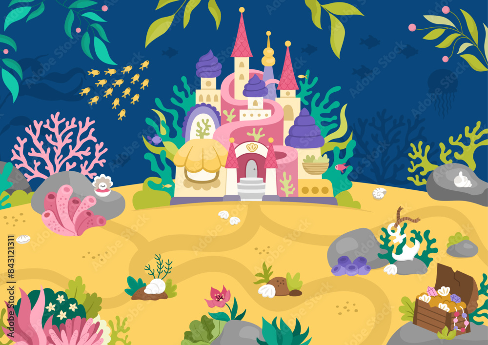 Vector mermaid land landscape illustration with castle, fish, seaweeds ...