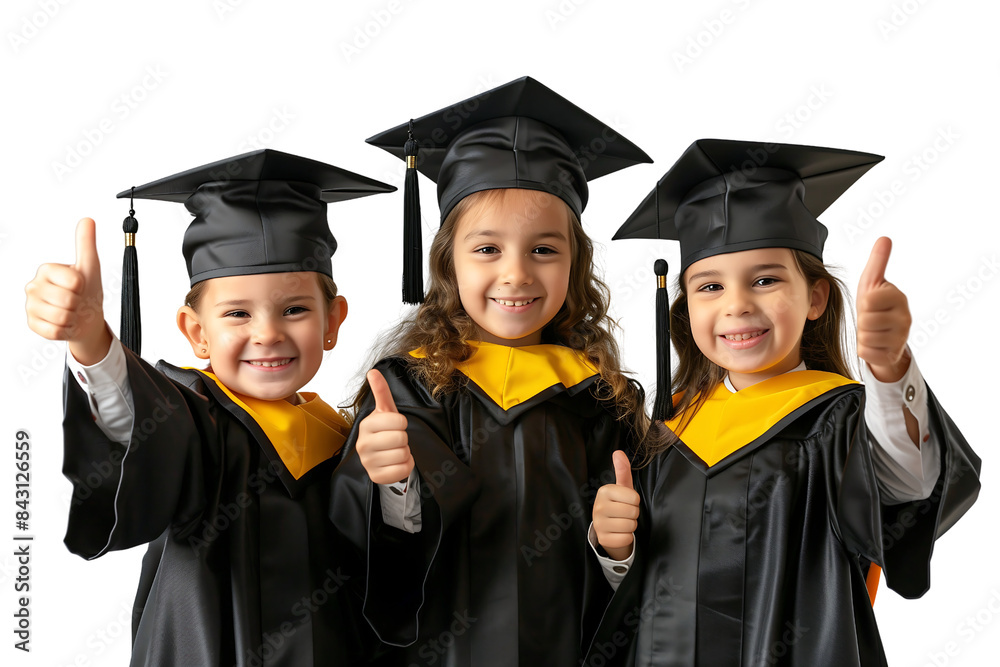 little girls in complete graduation attire stand gives a thumbs-up ...