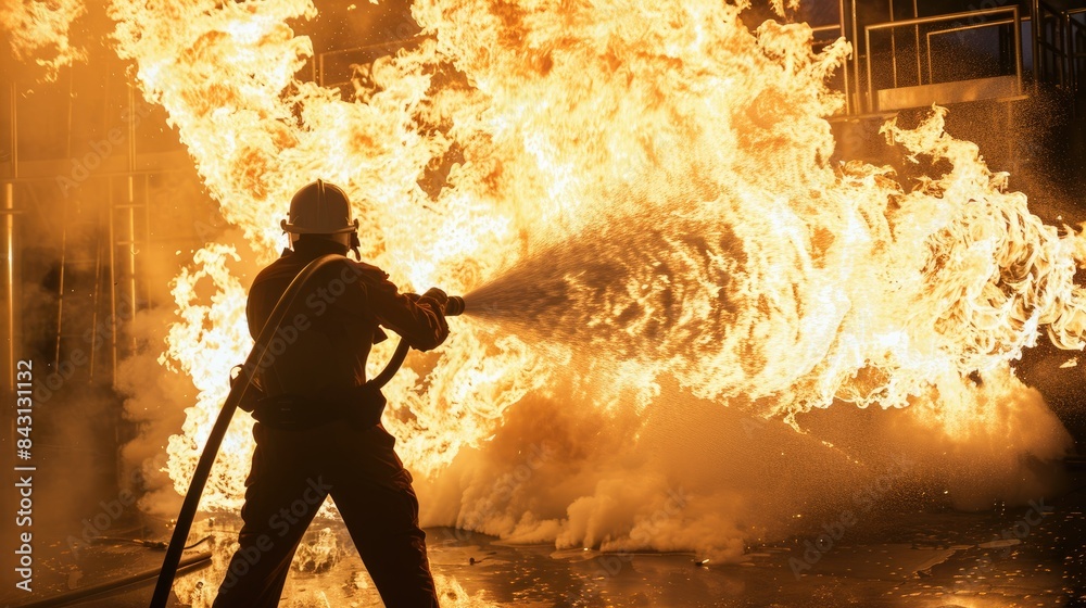 Firefighters using Twirl water fog type fire extinguisher to fighting ...
