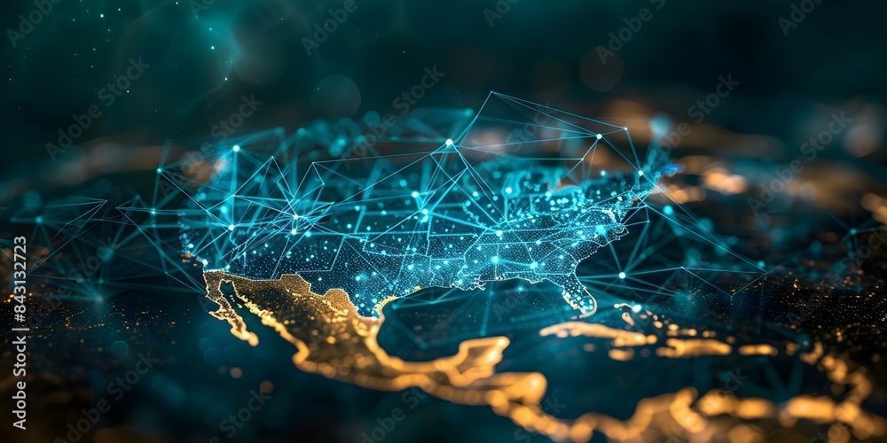 3D Digital Map of USA with Glowing Data Lines Representing Connectivity ...