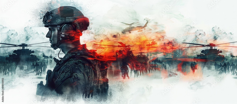Double exposure illustration depicting a soldier in profile, with ...