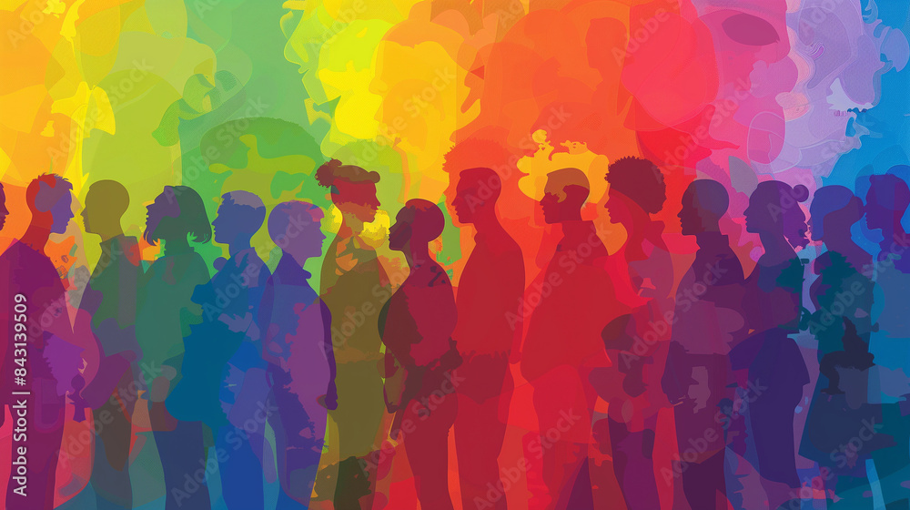 LGBT long banner. Silhouettes of diverse people are painted in the ...