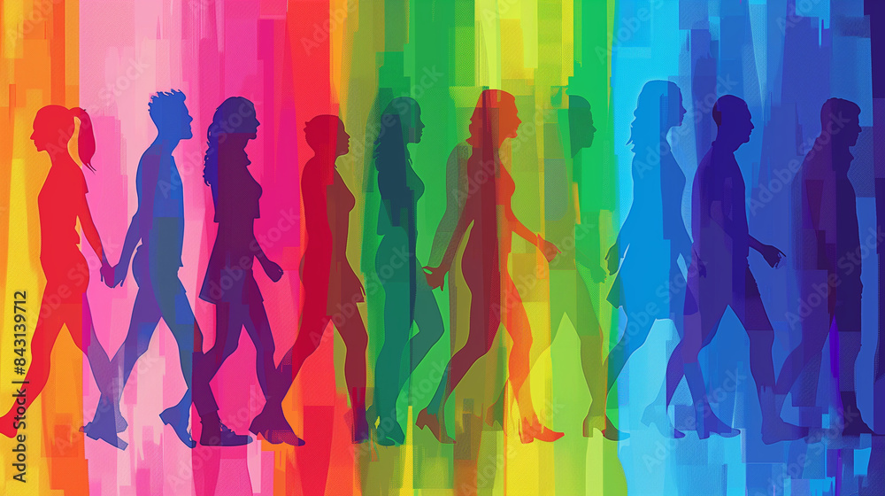 LGBT long banner. Silhouettes of diverse people are painted in the ...
