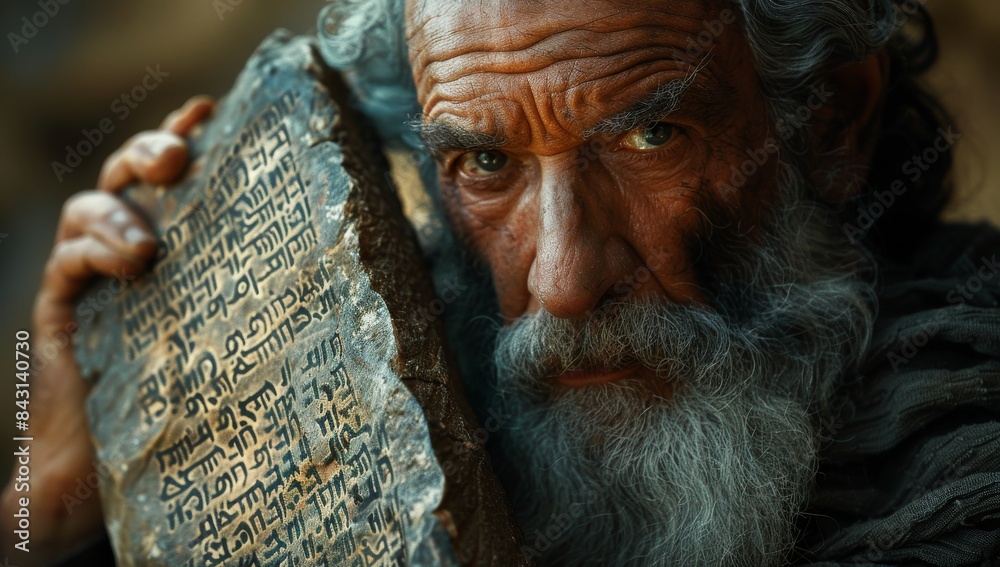 Moses holding the stone tablets with the 10 commandments, Bible story ...