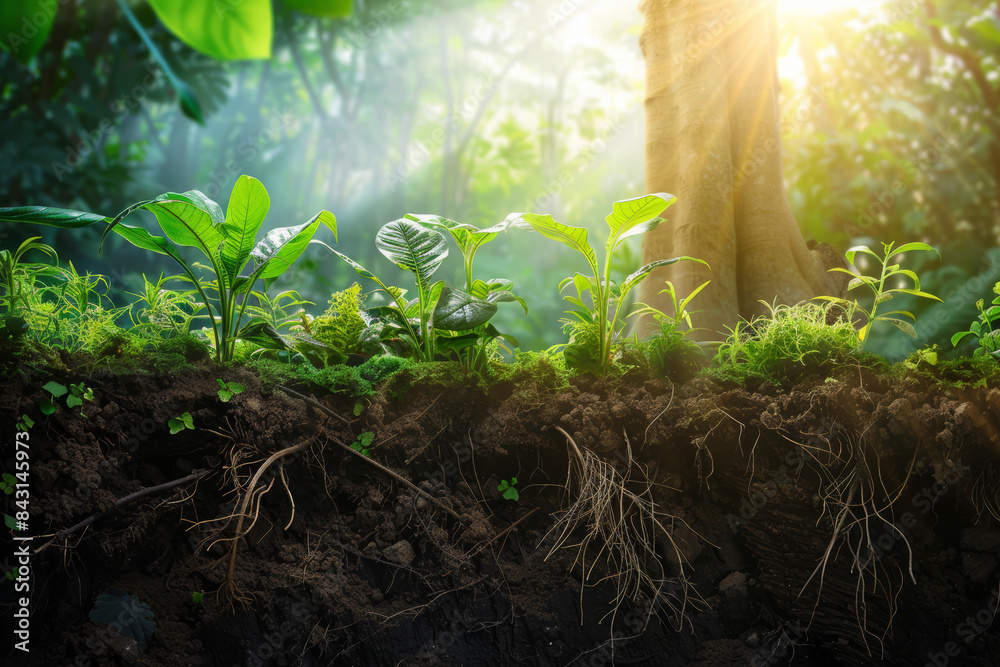 Forest ecosystem with various plant species, sunlight filtering through ...