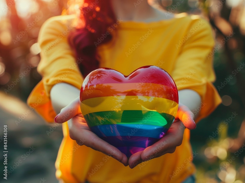 Woman holds in hands a heart in the colors of the rainbow. Young ...